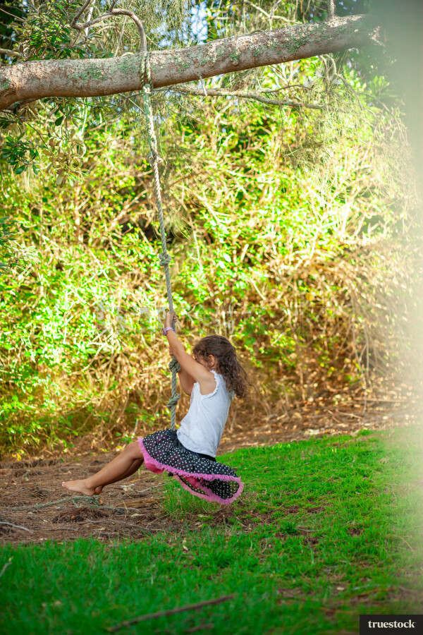 Child swinging on a rope tree swing in the backyard by Fraser Tebbutt ...